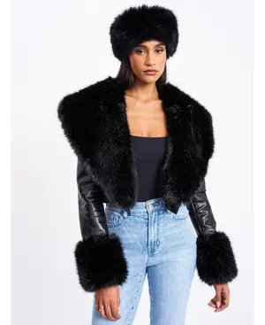 MISS CIRCLE NEW YORK Ziah Cropped Faux Leather Jacket With Fur Collar
