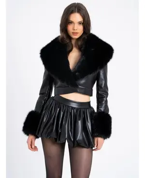 MISS CIRCLE NEW YORK Ziah Cropped Faux Leather Jacket With Fur Collar