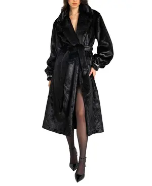 MISS CIRCLE NEW YORK Yahia Long Faux Fur Coat - Black