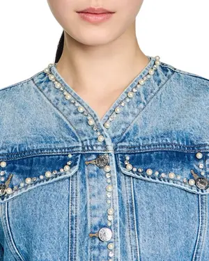 Sandro Beaded Denim Jacket - Blue Jean