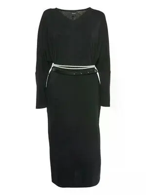 Max Mara V-neck Midi Dress With Leather And Pearl Belt - Black