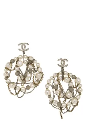 Chanel Faux Pearl 'cc' Hoop Earrings - Silver