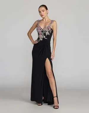Mac Duggal Sweetheart Jersey Gown With Floral Appliqués - Black Multi