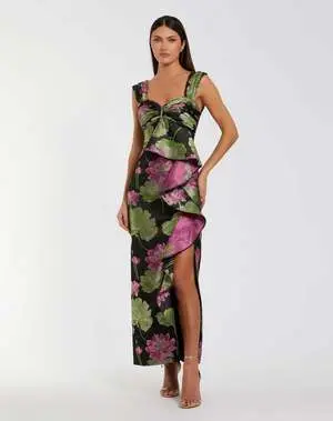 Mac Duggal Floral Jacquard Maxi Dress With Ruffle Detail