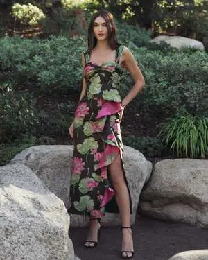 Mac Duggal Floral Jacquard Maxi Dress With Ruffle Detail