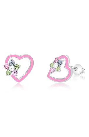 CHANTEUR Heart Flower Stud Earrings - Rhodium/pink