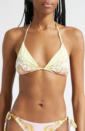 Versace Barocco Print Triangle Bikini Top - Pale Yellow Rose Quartz