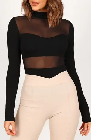 PETAL & PUP Long Sleeve Mesh Bodysuit - Black