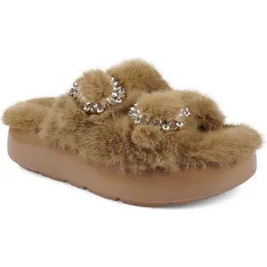 ZIGINY Faux Fur Platform Slide Sandal - Beige