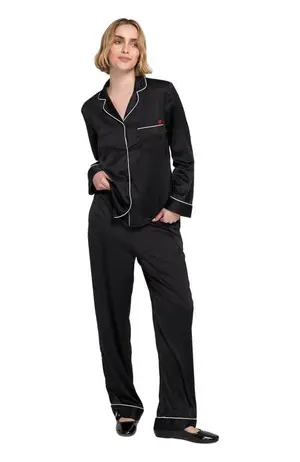 ELLE COLLECTION Satin Pj Set Long Pajama - Black/ivory