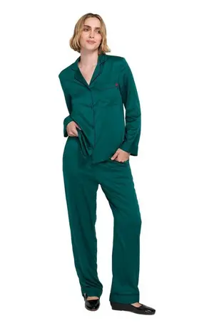 ELLE COLLECTION Satin Pj Set Long Pajama - Spruce/navy