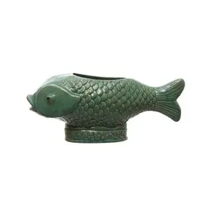 STORIED HOME Debossed Stoneware Fish Planter With Reactive Glaze - Blue