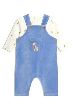 JOJO MAMAN BEBE Long Sleeve Bodysuit & Embroidered Giraffe Rib Velour Overalls Set - Blue