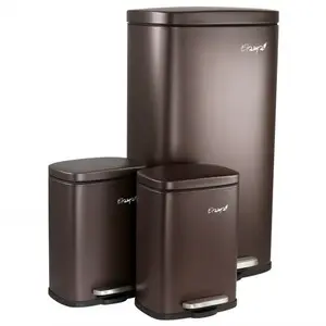 ELAMA 3 Piece 8 Gallon And 1.3 Gallon Stainless Steel Step Trash Bin Combo Set With Slow Close Mechanism - Silver