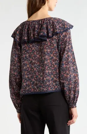 Treasure & Bond Ruffle Collar Blouse - Navy Mallory Paisley