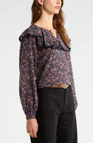 Treasure & Bond Ruffle Collar Blouse - Navy Mallory Paisley