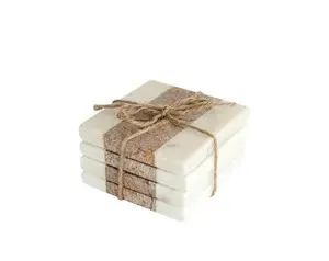 STORIED HOME Square Marble Coasters With Jute String - White
