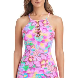 BLEU BY ROD BEATTIE Printed High Neck Tankini Top - Pink Multi