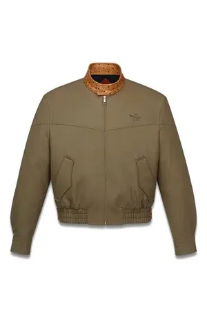 Mcm Jacket In Wool Twill And Monogram Print Leather - Khaki