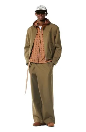 Mcm Jacket In Wool Twill And Monogram Print Leather - Khaki