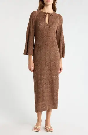 Elan Pointelle Cover-up Midi Sweater Dress - Brown