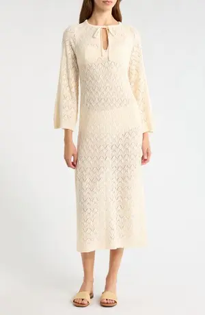 Elan Pointelle Cover-up Midi Sweater Dress - Natural