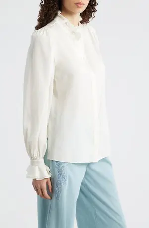 Kobi Halperin Harley Ruffle Puff Shoulder Stretch Silk Shirt - Ivory