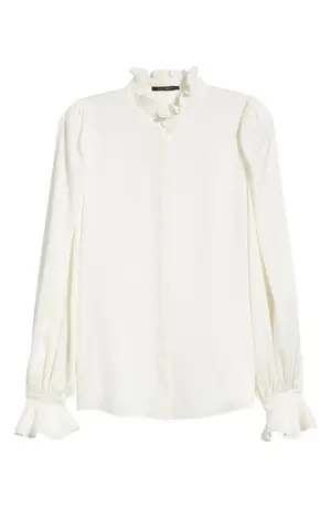 Kobi Halperin Harley Ruffle Puff Shoulder Stretch Silk Shirt - Ivory