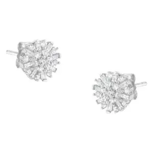 HAUS OF BRILLIANCE Silver Diamond Sunburst Floral Cluster Stud Earrings - White