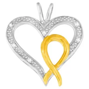 HAUS OF BRILLIANCE Silver Two-toned Diamond Heart-ribbon Pendant Necklace - Yellow