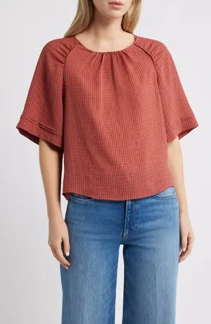Wit & Wisdom Shirred Bell Sleeve Top - Mahogany Red