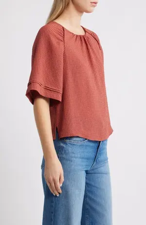 Wit & Wisdom Shirred Bell Sleeve Top - Mahogany Red