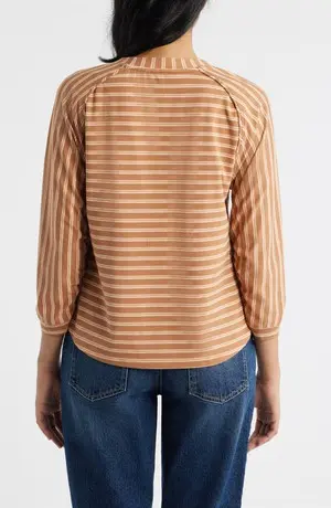 Wit & Wisdom Stripe Three Quarter Sleeve Top - Sahara Sand/peach Parfait