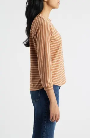 Wit & Wisdom Stripe Three Quarter Sleeve Top - Sahara Sand/peach Parfait