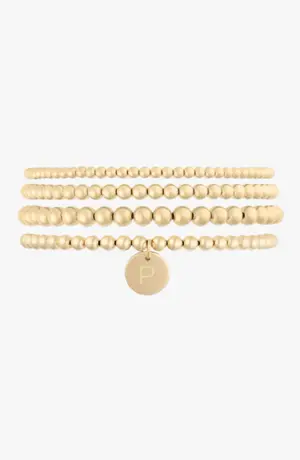 CUFFED BY NANO 14K Gold Filled Beaded Bracelet Stack With Initial Coin Gold P