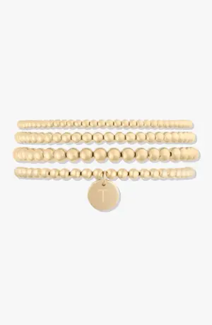 CUFFED BY NANO 14K Gold Filled Beaded Bracelet Stack With Initial Coin Gold T