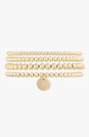 CUFFED BY NANO 14K Gold Filled Beaded Bracelet Stack With Initial Coin Gold V