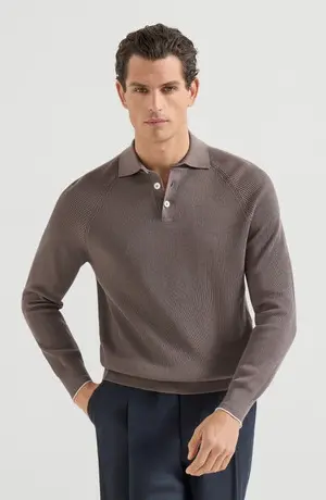 Brunello Cucinelli Rib Knit Polo - Hazelnut