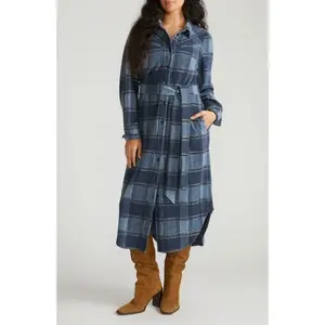 Universal Standard Long Sleeve Stretch Flannel Midi Shirt Dress - Heather Fog Plaid Blue