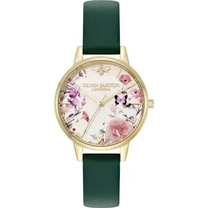 OLIVIA BURTON Illustrated Floral Leather Strap Watch - Ivory/green