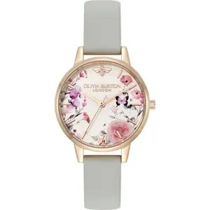 OLIVIA BURTON Illustrated Floral Leather Strap Watch - Ivory/grey