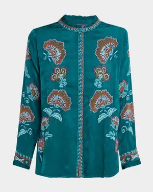 Johnny Was Simone Floral-Embroidered Cupro Blouse - Spruced Up