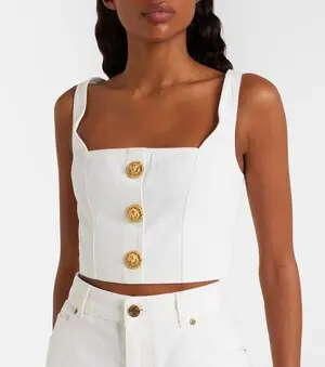 Balmain Denim Crop Top - White