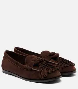AQUAZZURA Freddie Fringed Suede Loafers - Brown
