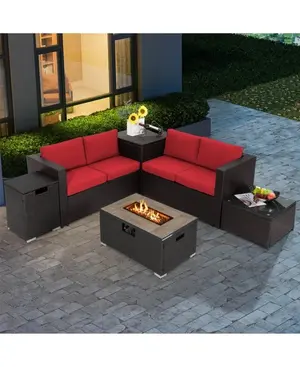 SUGIFT 32 X 20 Inch Propane Rattan Fire Pit Table Set With Side Table Tank And Cover