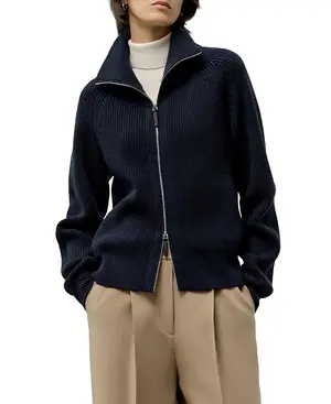 Lilysilk Ribbed-knit Turtleneck Zip Cardigan - Navy Blue