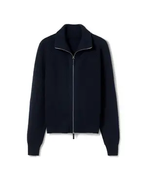 Lilysilk Ribbed-knit Turtleneck Zip Cardigan - Navy Blue