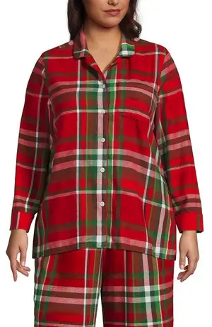 LANDS' END Long Sleeve Print Flannel Pajama Top Compass Red/emerald Plaid