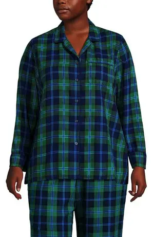 LANDS' END Long Sleeve Print Flannel Pajama Top - Light Emerald Blackwatch