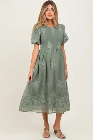 PINKBLUSH Floral Lace Smocked Maternity Midi Dress - Light Olive